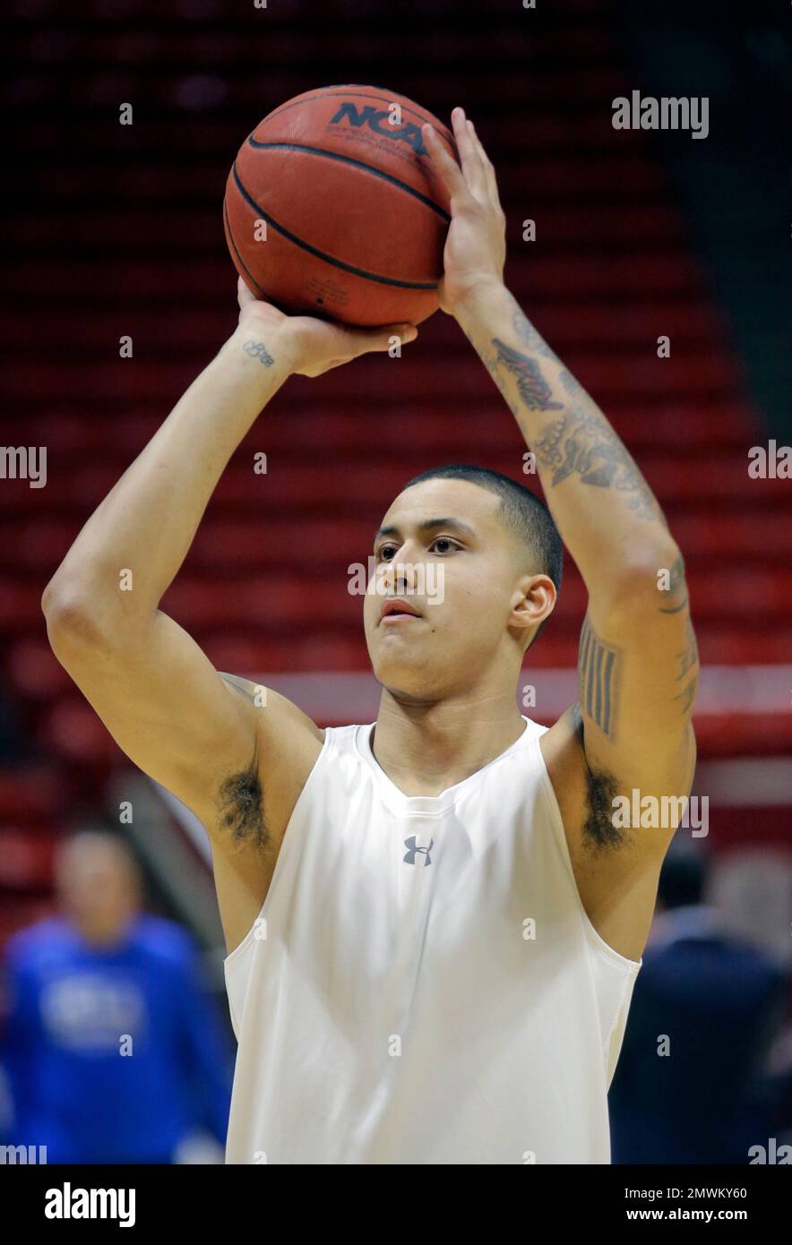 Utah forward Kyle Kuzma shoots during practice before the start of ...