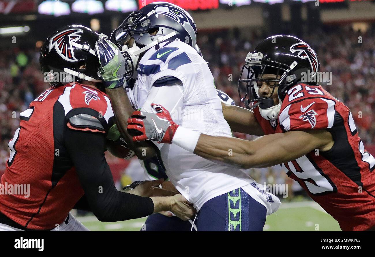 Atlanta Falcons punter Matt Bosher (5) and Atlanta Falcons cornerback C ...