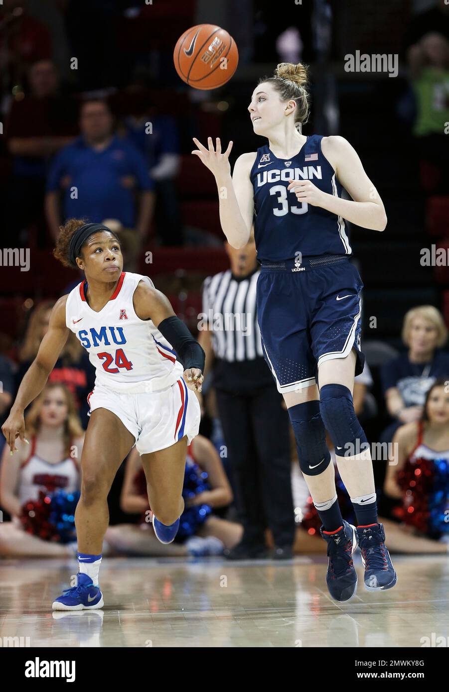 Connecticut forward Katie Lou Samuelson (33) looks for room against SMU ...