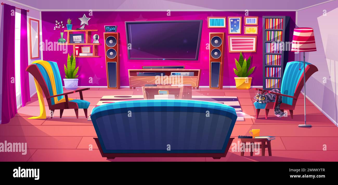 Cartoon living room with tv set, game console and furniture. Vector ...