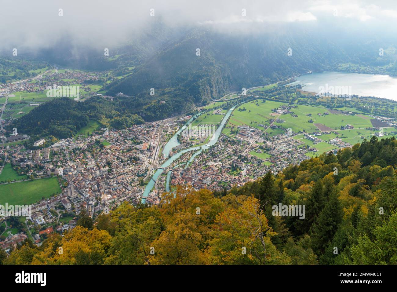 Aerial view of the town of Interlaken, Switzerland nestled between ...