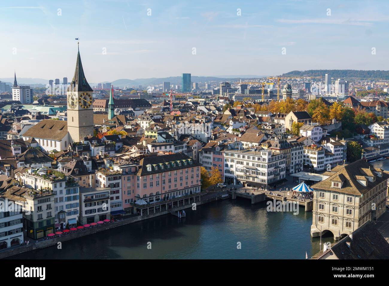 Aerial view of the Zurich cityscape. With buildings, pedestrian bridge ...