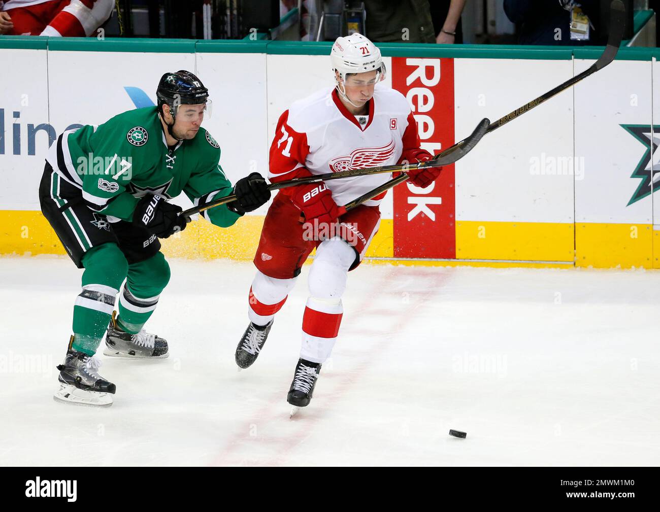 Dallas Stars' Devin Shore (17) and Detroit Red Wings' Dylan Larkin (71 ...