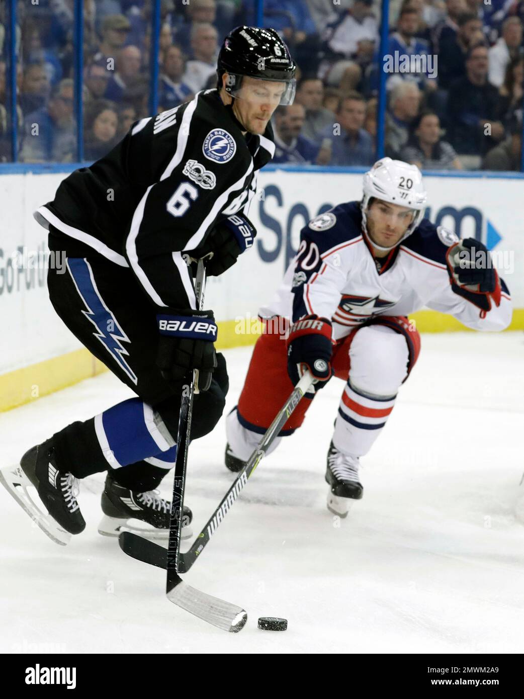Tampa Bay Lightning defenseman Anton Stralman (6), of Sweden, keeps the ...