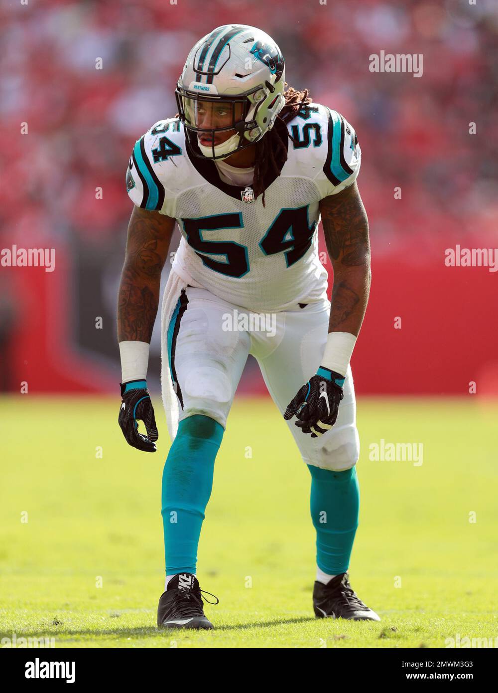 Carolina Panthers linebacker Shaq Thompson (54) lines up against the ...