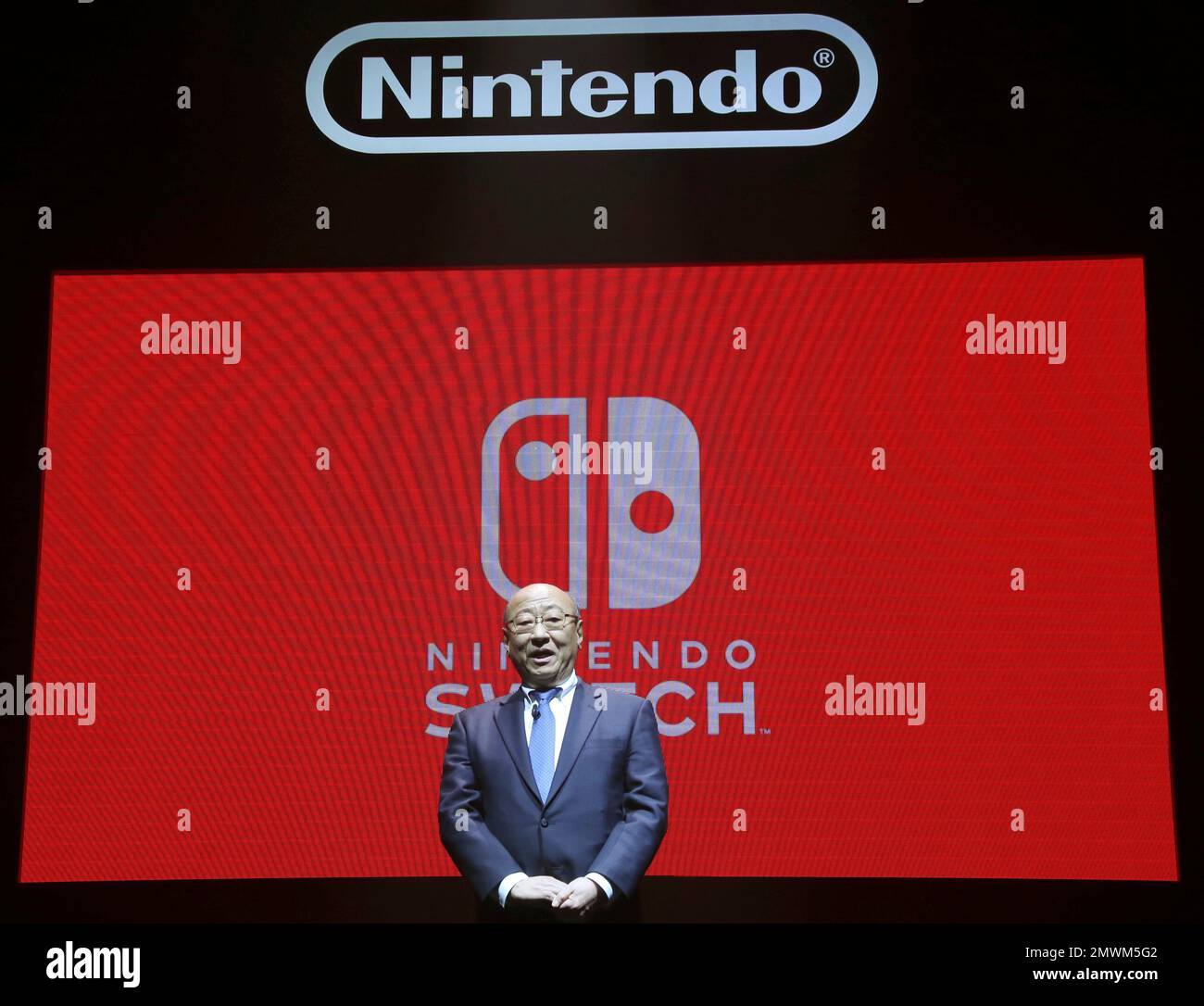 President of Nintendo Tatsumi Kimishima speaks during a presentation ...