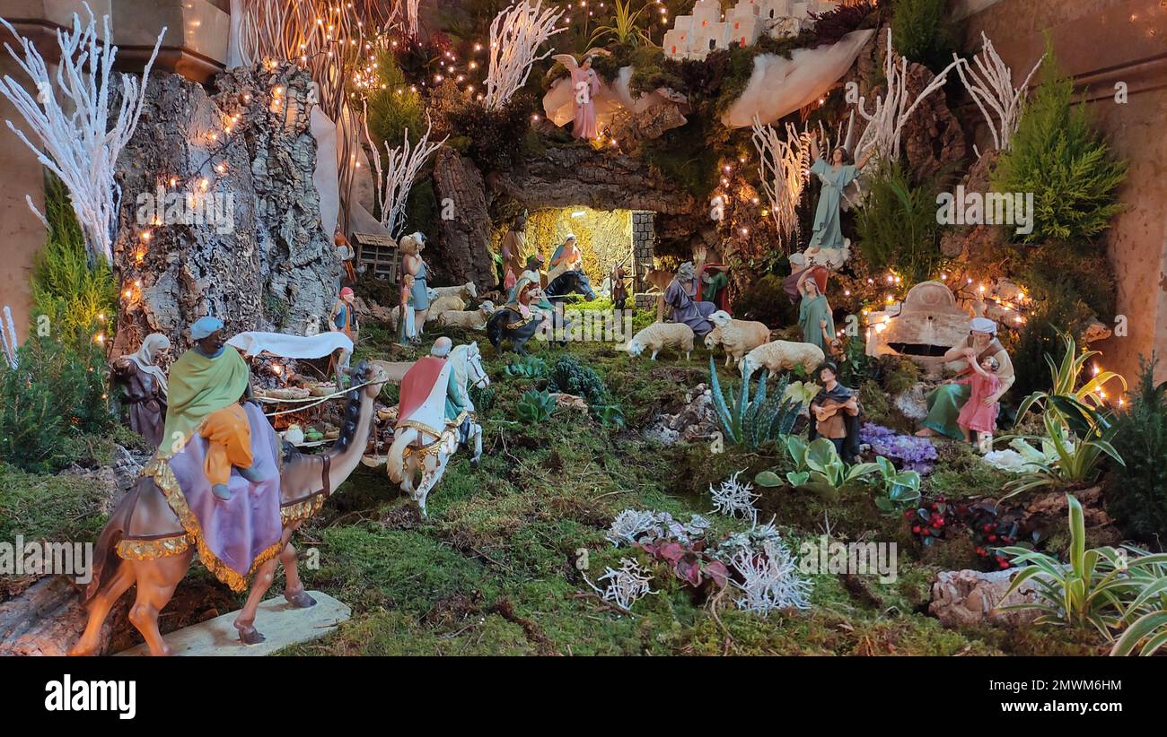 The Nativity scene with Jesus, Virgin Mary, Joseph, animals, and magi ...