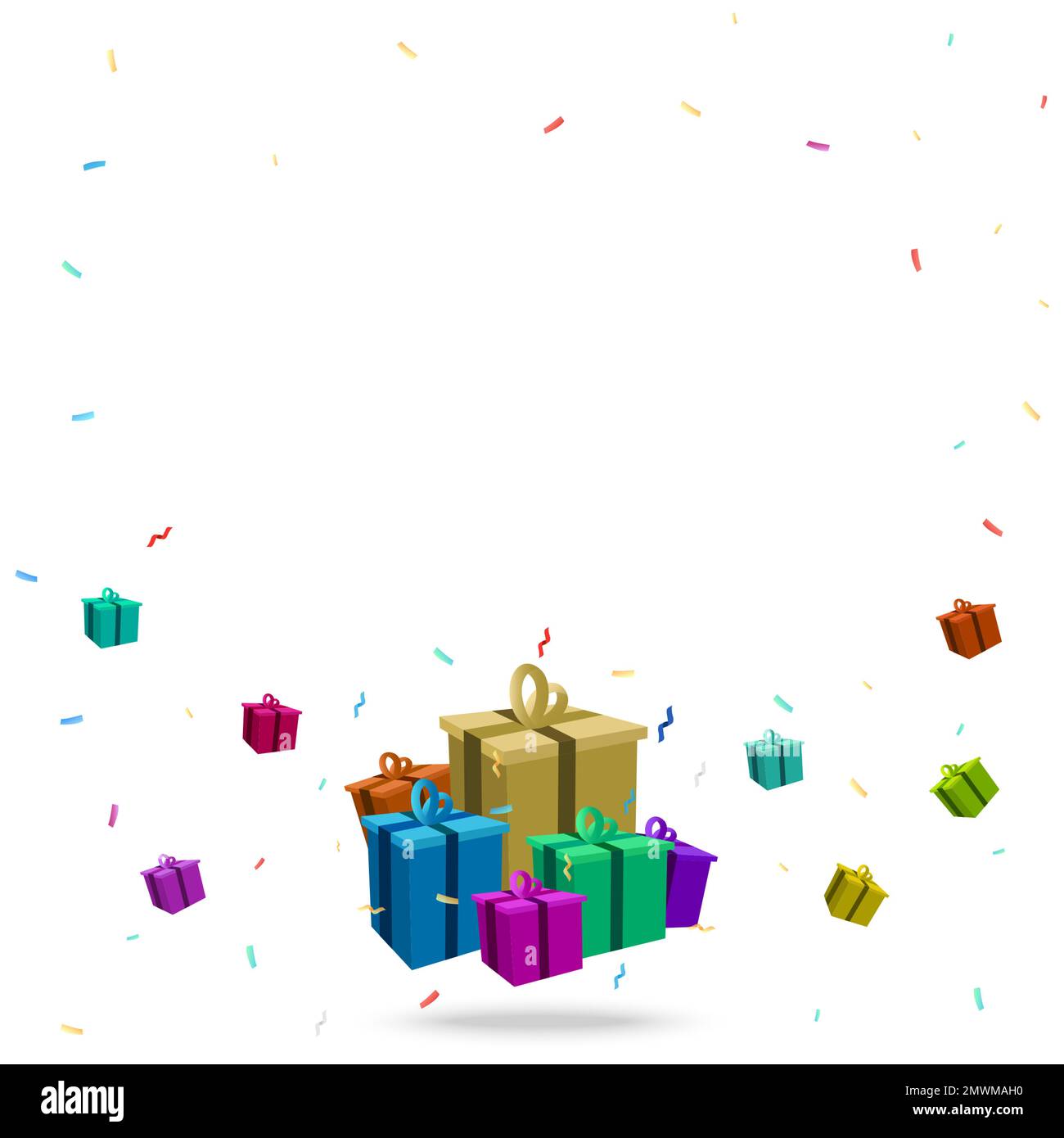 Multicolored gift boxes with confetti on white background. Flying and ...