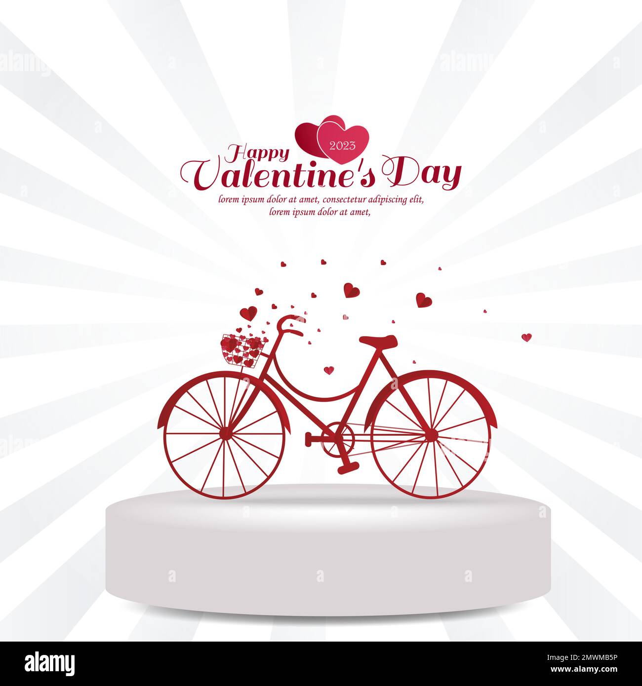 Happy Valentine's day greetings. Red bicycle with heart flying from ...