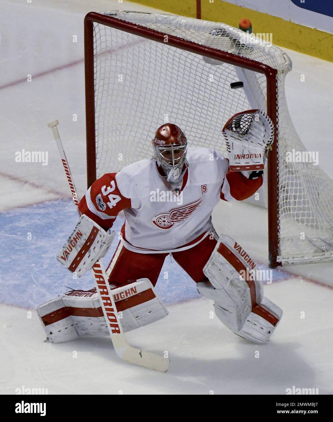 Detroit Red Wings goalie Petr Mrazek (34) blocks a shot by the Chicago ...