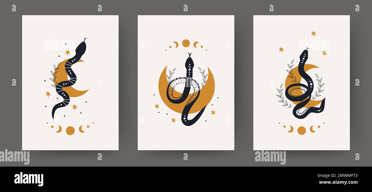 Set of posters with magic snakes and moons in boho style. Mystical ...