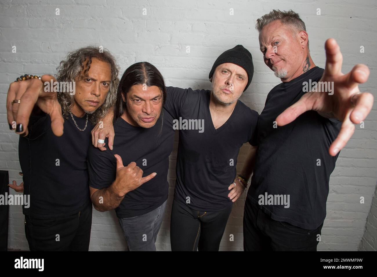 In this Sept. 22, 2016 photo, Metallica band members, from left, Kirk ...