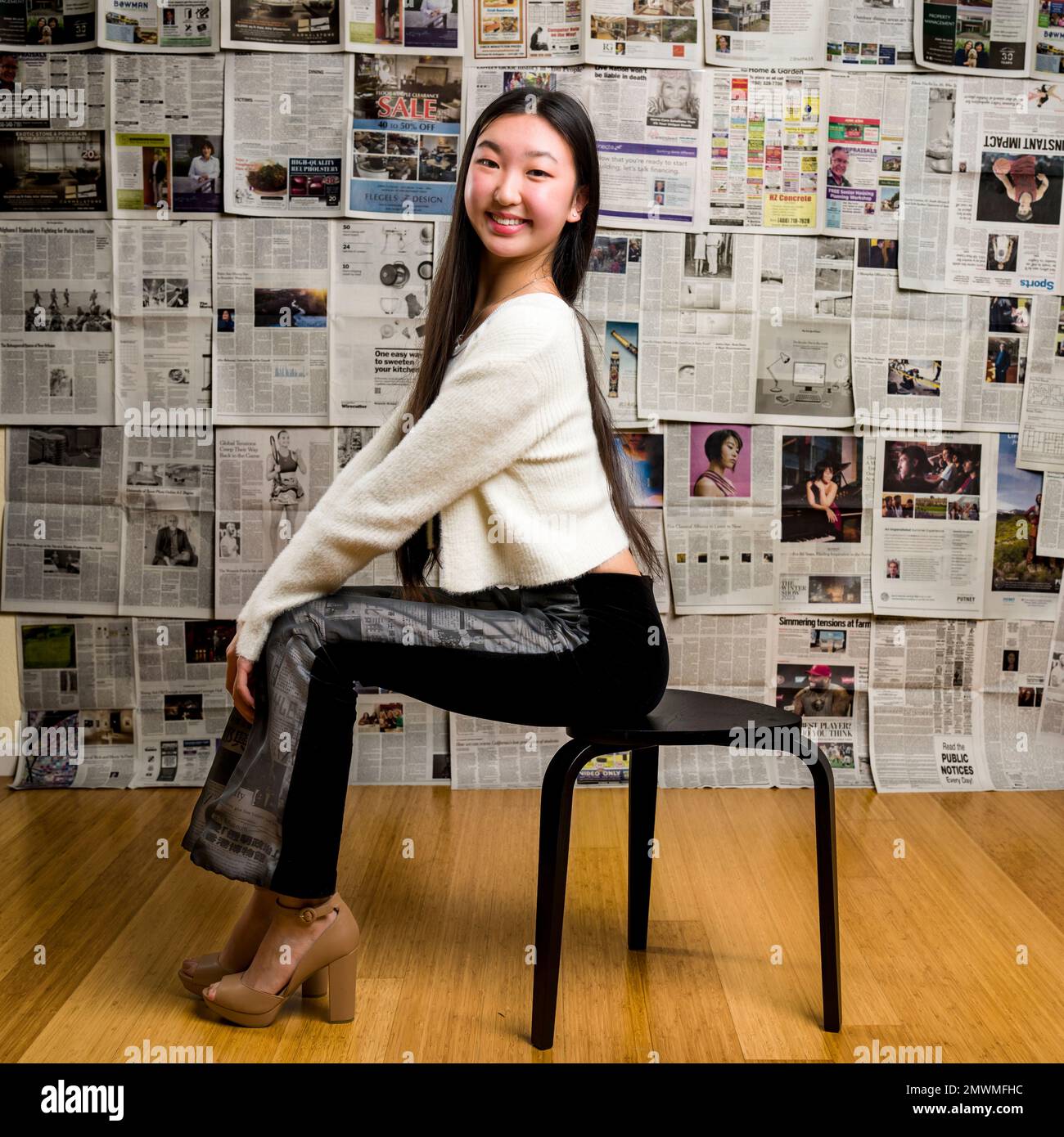 Full Body Tall Teenage Asian Girl Seated in Front of Backdrop of ...