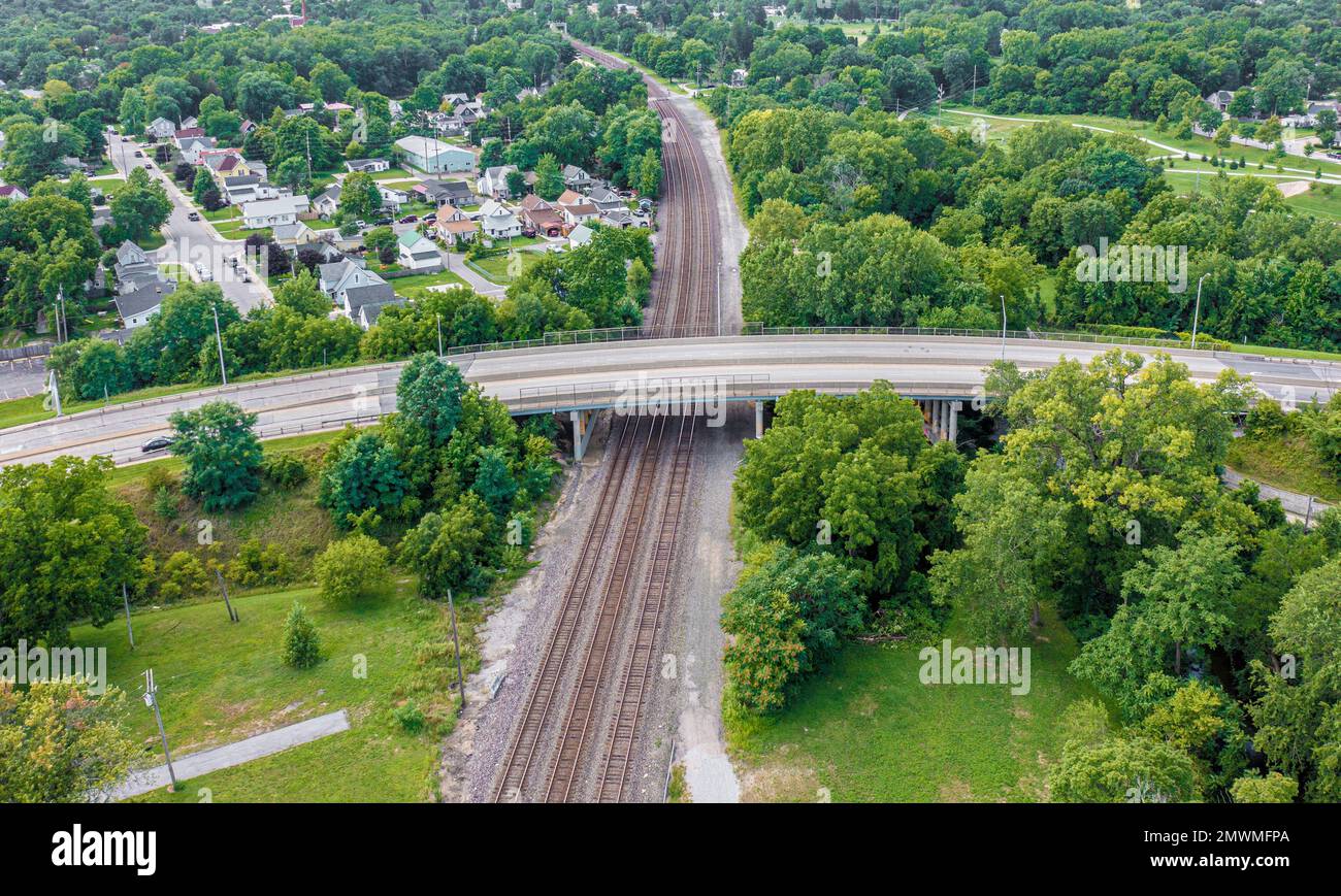 An aerial view of a multiple lane highway road over the Connecticut ...