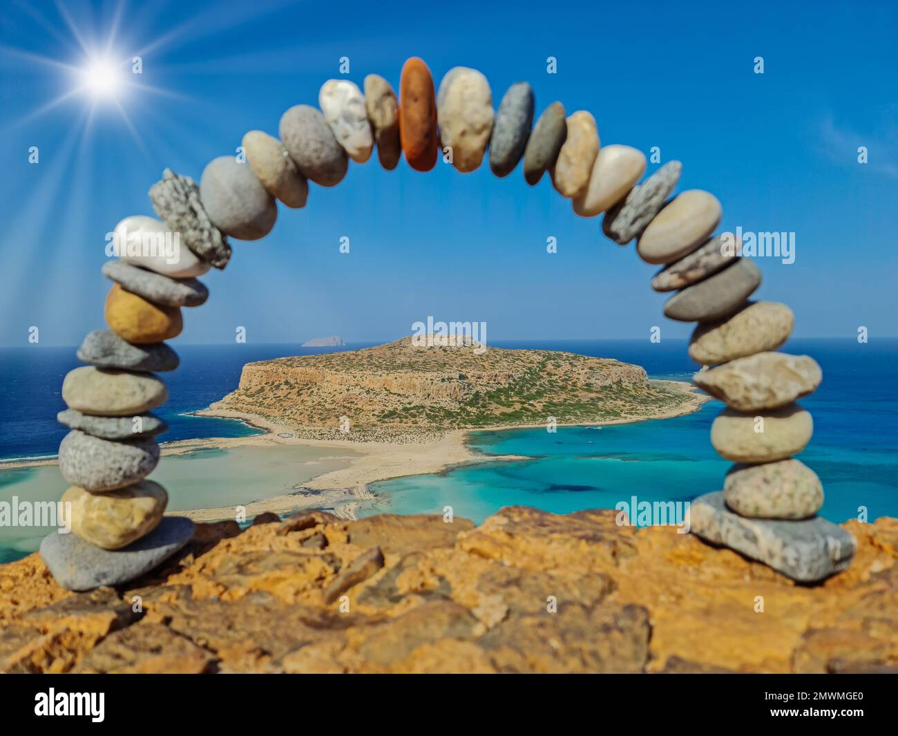 An arch made of small stones(Rock stacking) at the famous Balos beach ...
