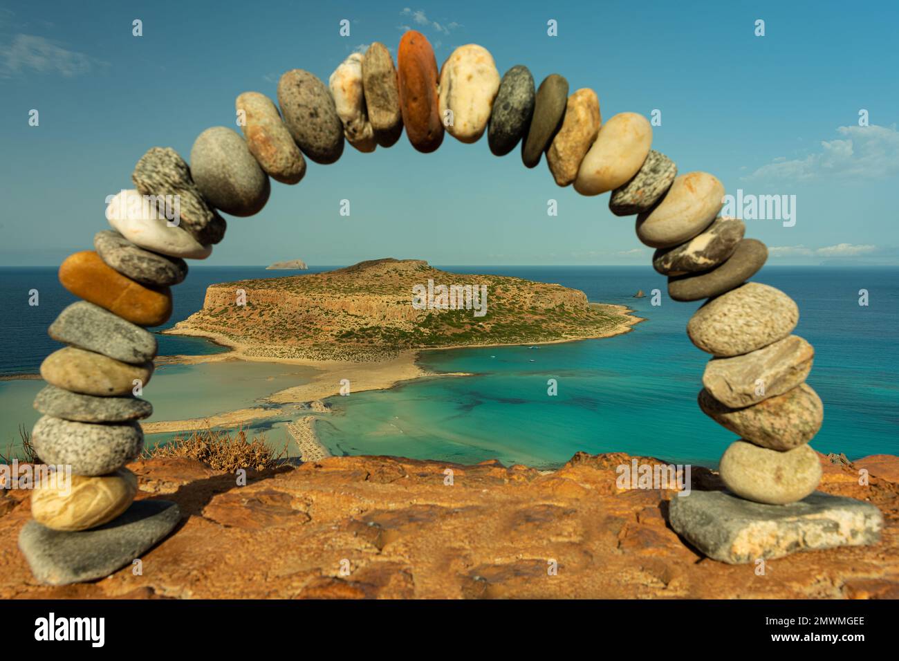 An arch made of small stones(Rock stacking) at the famous Balos beach ...