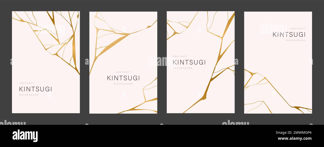 Set of gold kintsugi posters. Crack and broken effects. Marble texture ...