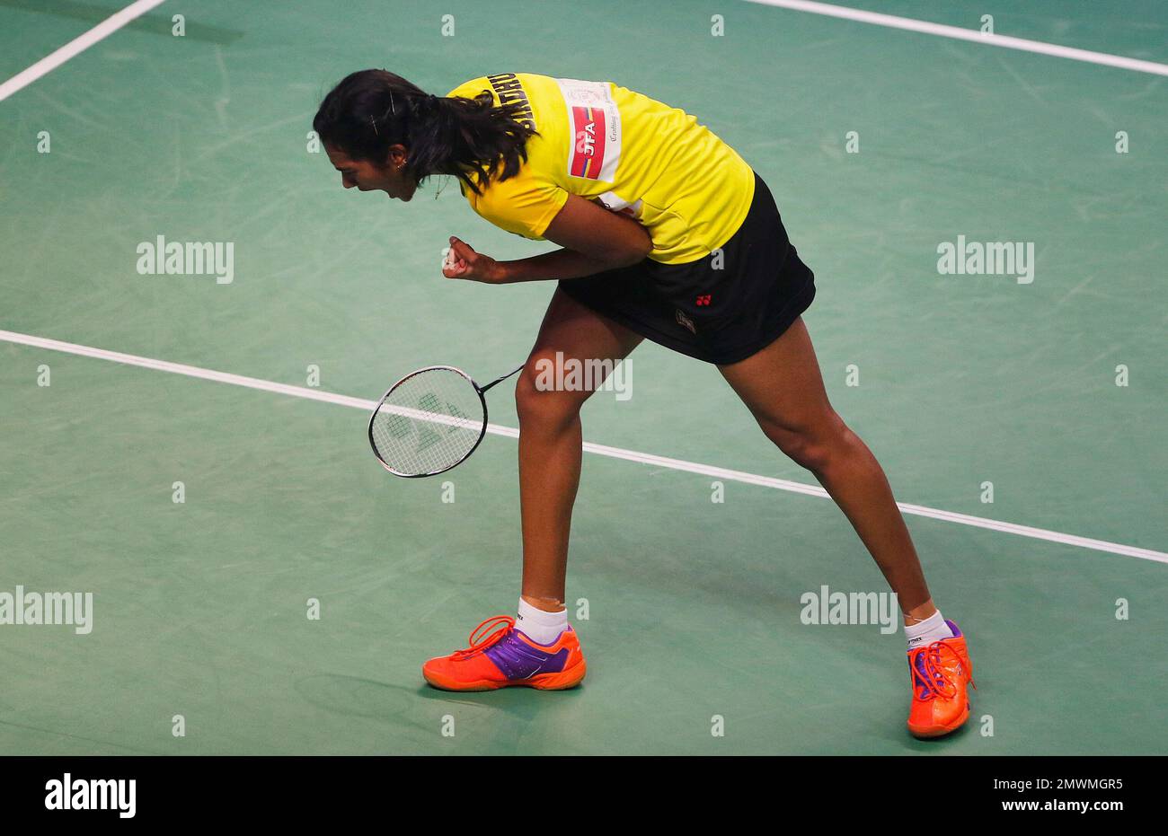 Indian badminton player P. V. Sindhu of Chennai Smashers celebrates a ...