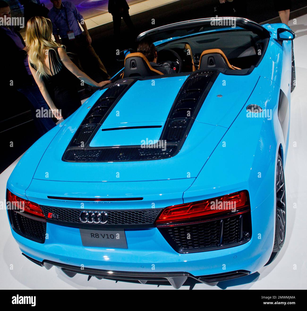 A top-down rear view of an Audi R8 convertible sports car on display at ...