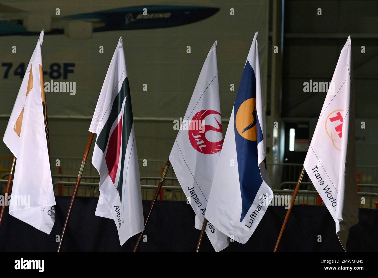 Flags of the airlines that ordered the 747 are displayed at the ...