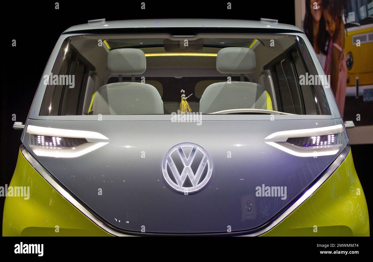 The Volkswagen I.D. Buzz all-electric concept van on display at the ...