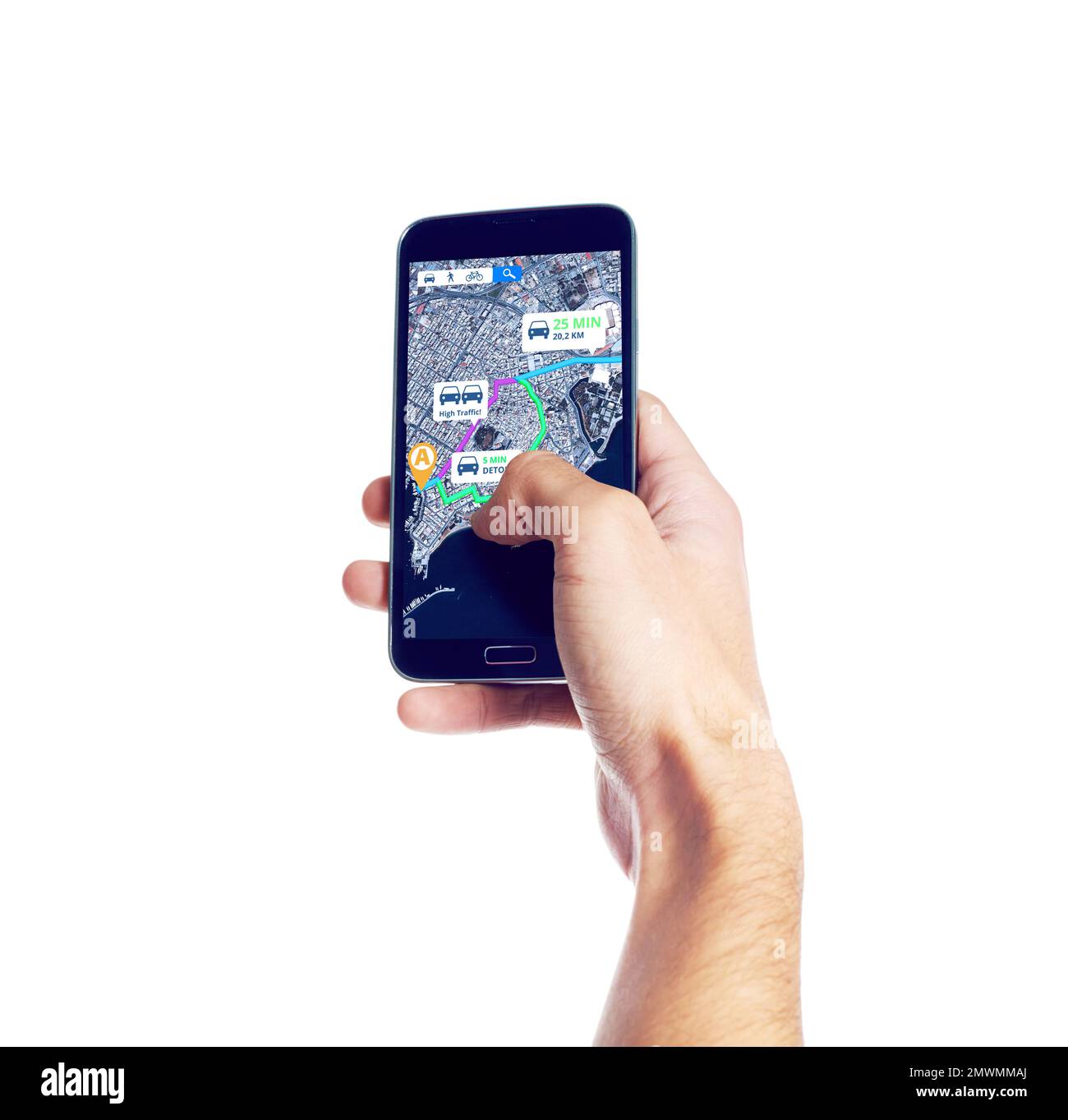 Driving with the best info on hand. a hand holding a smartphone showing ...