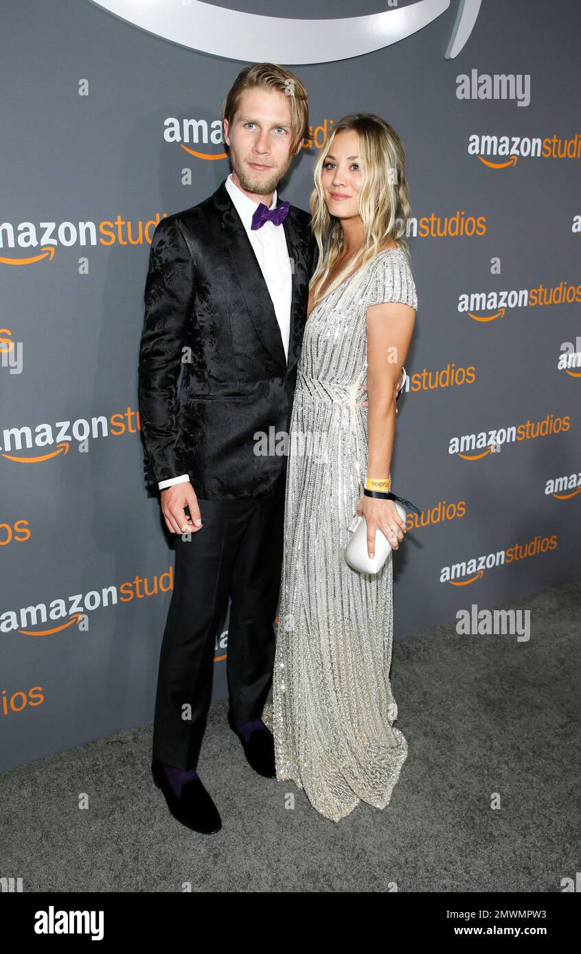 Karl Cook, left, and Kaley Cuoco arrive at the Amazon Studios Golden ...