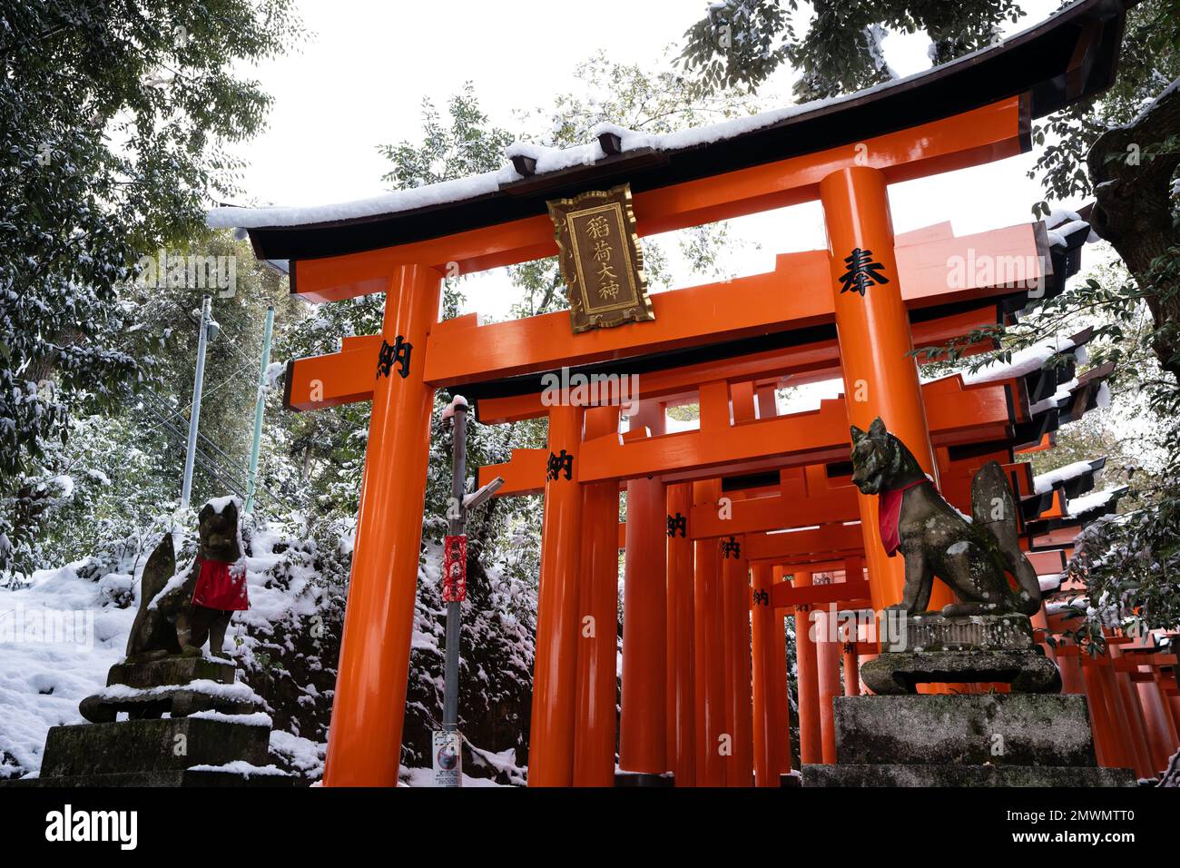 Fushimi Inari-taisha Torii Gates with snow on the roof in winter. Kyoto ...