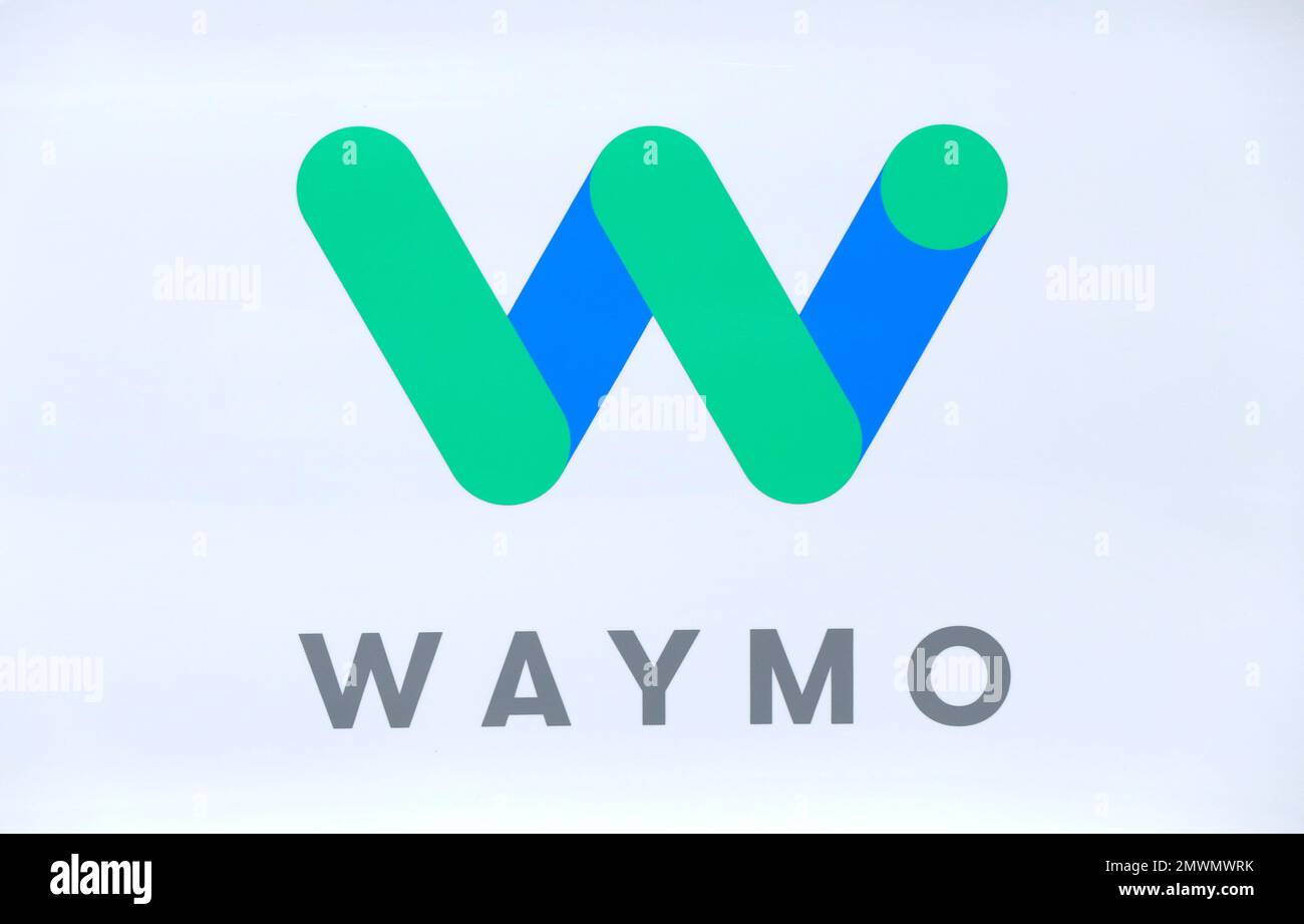 The Waymo logo is shown at the North American International Auto Show ...
