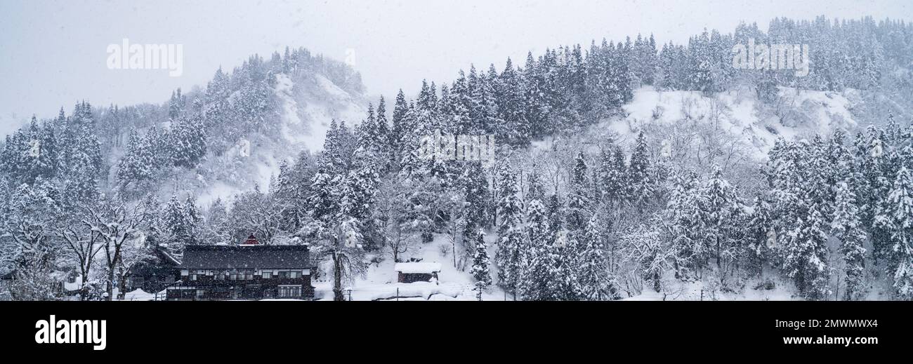 A snowy landscape in Niigata Prefecture, Japan, seen from a train on ...