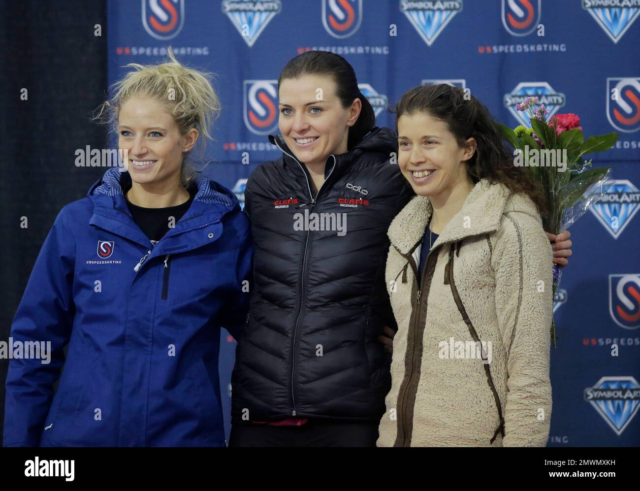 First-place finisher Heather Bergsma, center, second-place finisher Mia ...