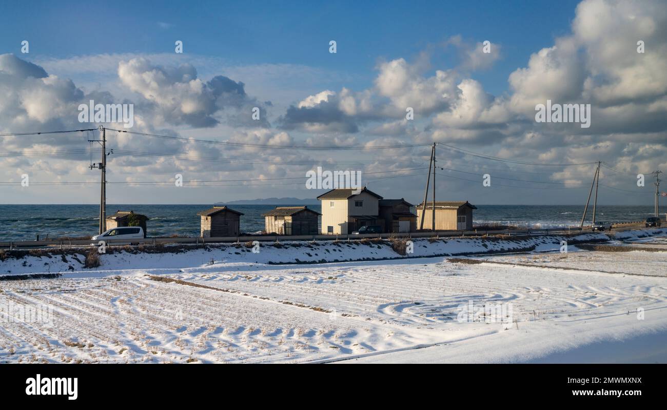 Houses on the Sea of Japan coast in Niigata Prefeture, Japan, seen from ...