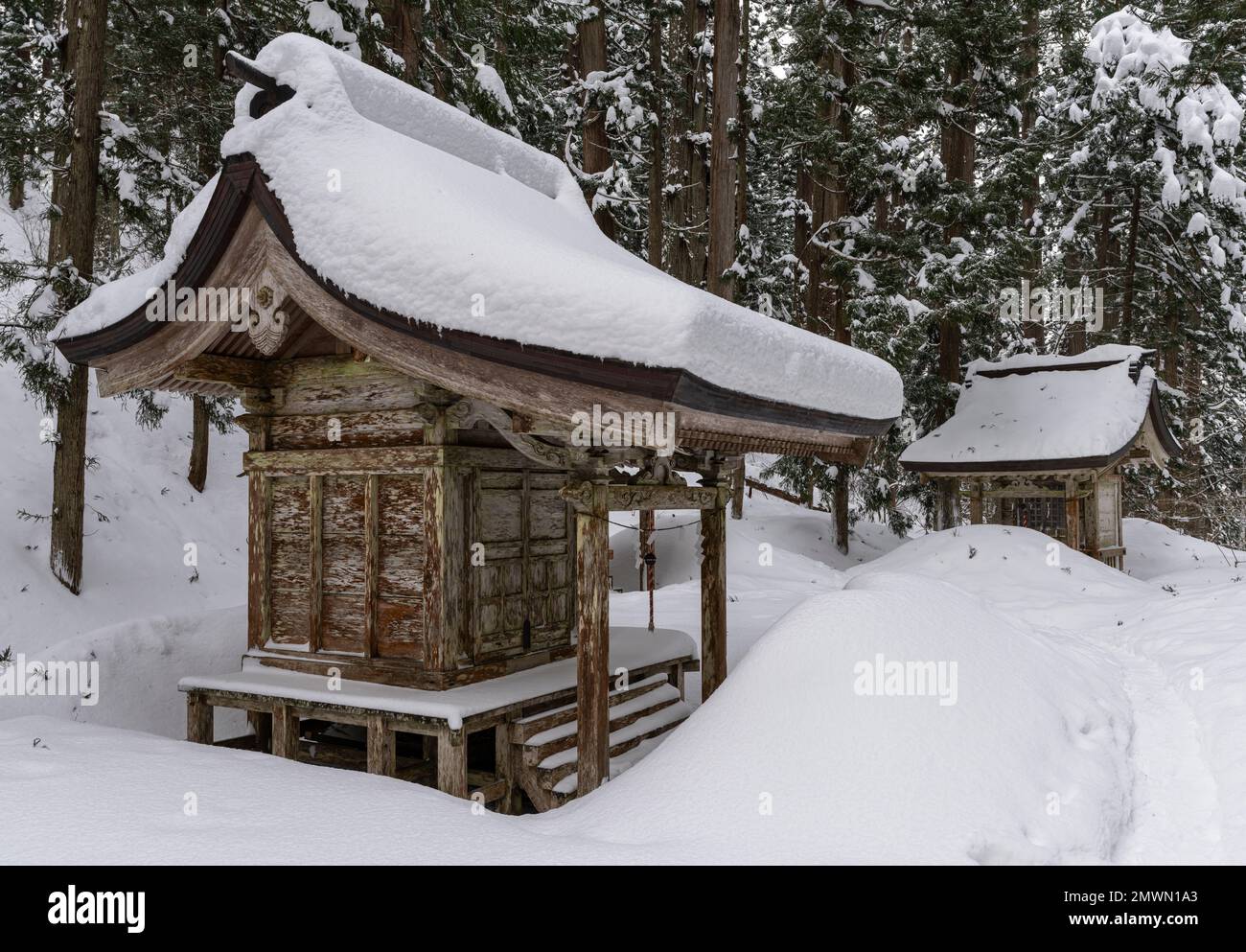 Wooden Shinto shrine buildings with deep snow at the base of Mount ...