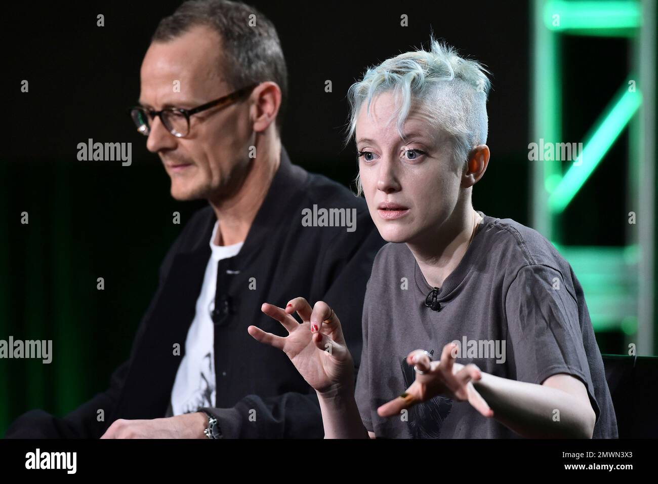 Marc Munden and Andrea Riseborough attend the "National Treasure" panel ...