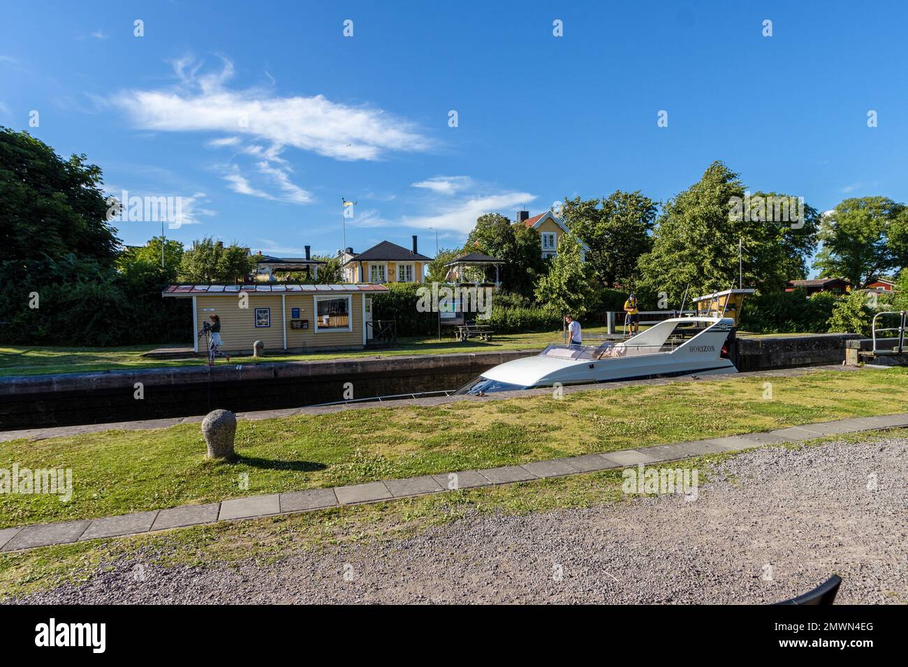 A white ship on the surface of the Gota Canal in Motala, Borenshult ...