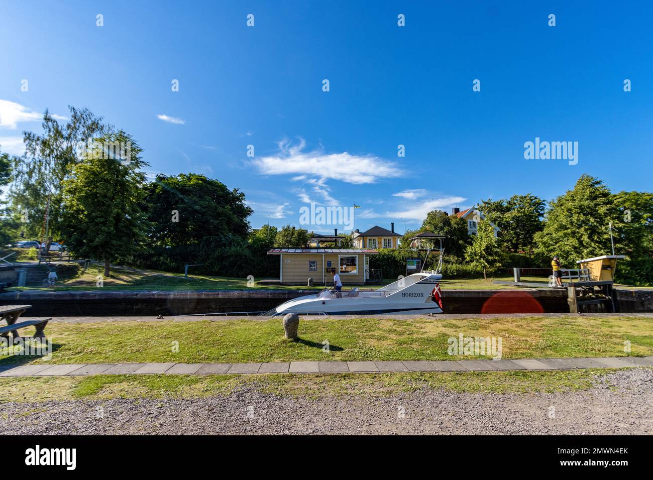 A white ship on the surface of the Gota Canal in Motala, Borenshult ...