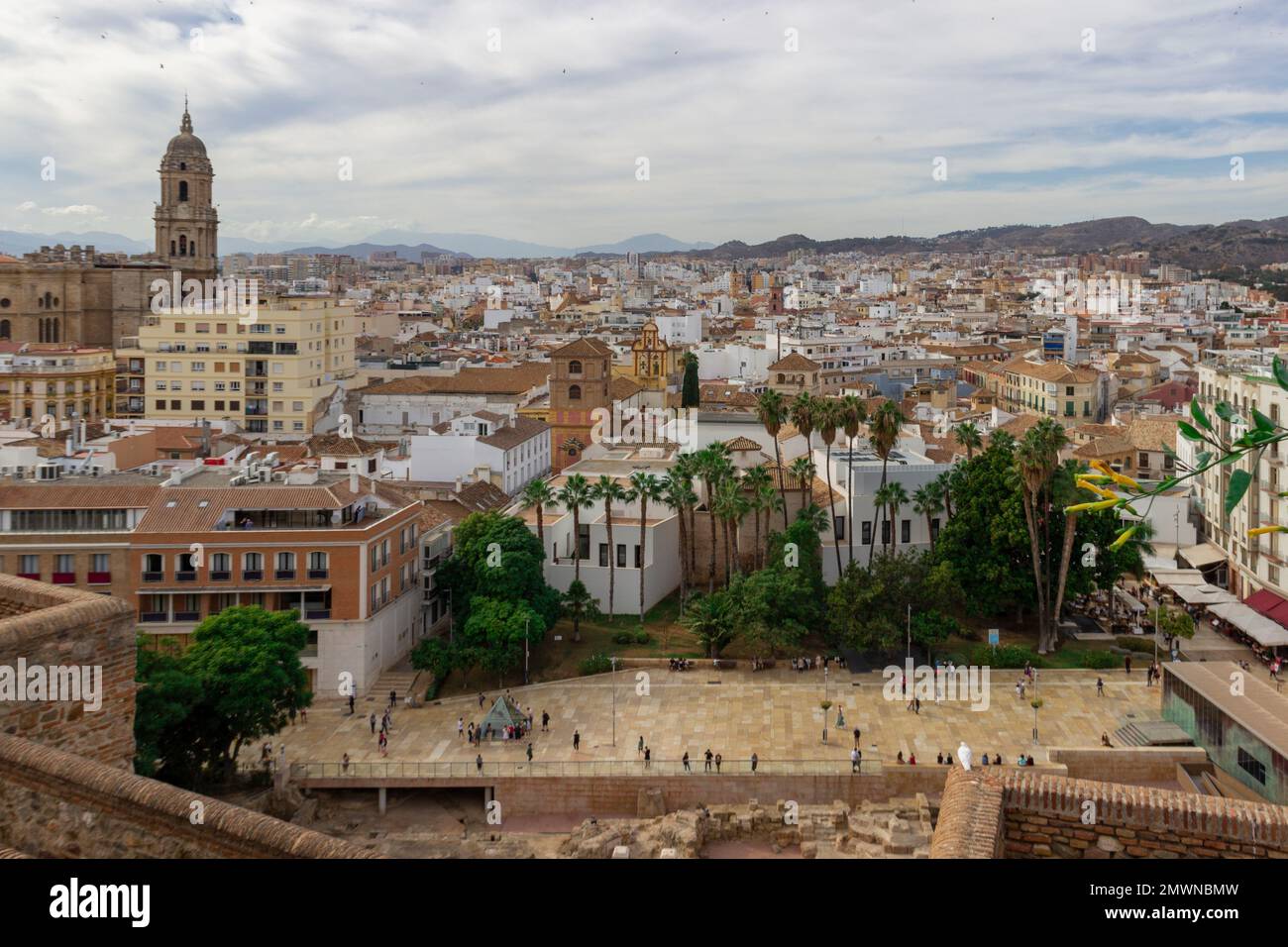 An aerial view of the city of Malaga located in Spain, with beautiful ...