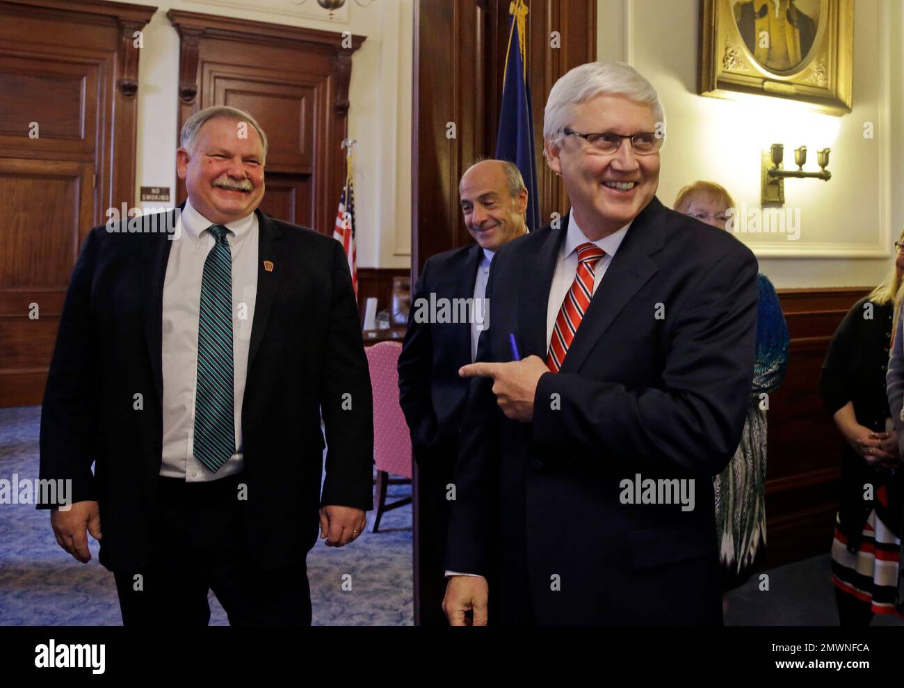 New Hampshire Senate President Chuck Morse, right, gestures towards ...