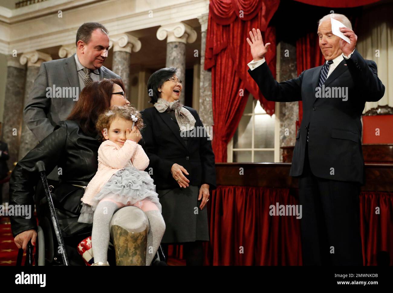 Vice President Joe Biden reacts with Abigail O'kalani Bowlsbey, in the ...