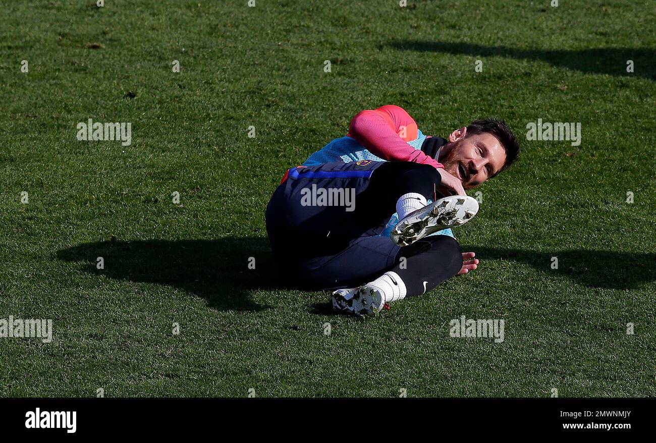 FC Barcelona's Lionel Messi smiles during a training session at the ...