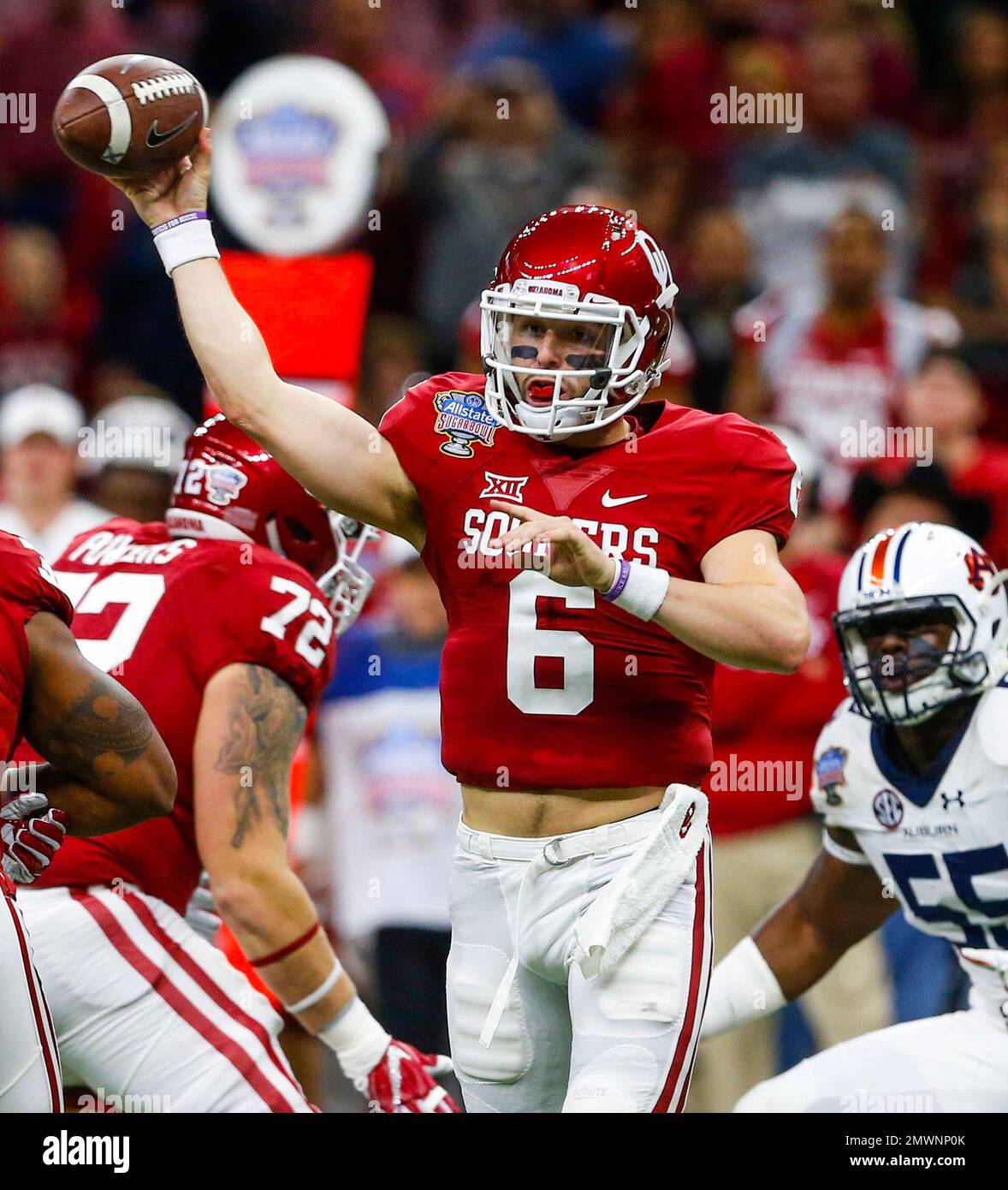 Oklahoma quarterback Baker Mayfield (6) throws a pass during the first half of the Sugar Bowl ...