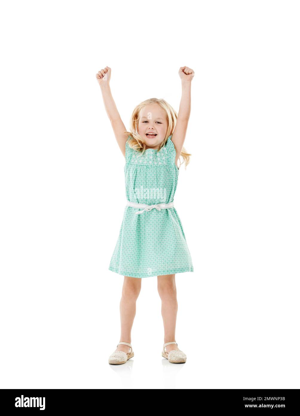 If youre happy and you know it raise your hands. Studio shot of a cute ...