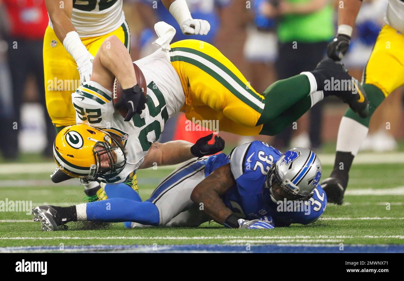 Green Bay Packers fullback Aaron Ripkowski (22) flips over Detroit ...