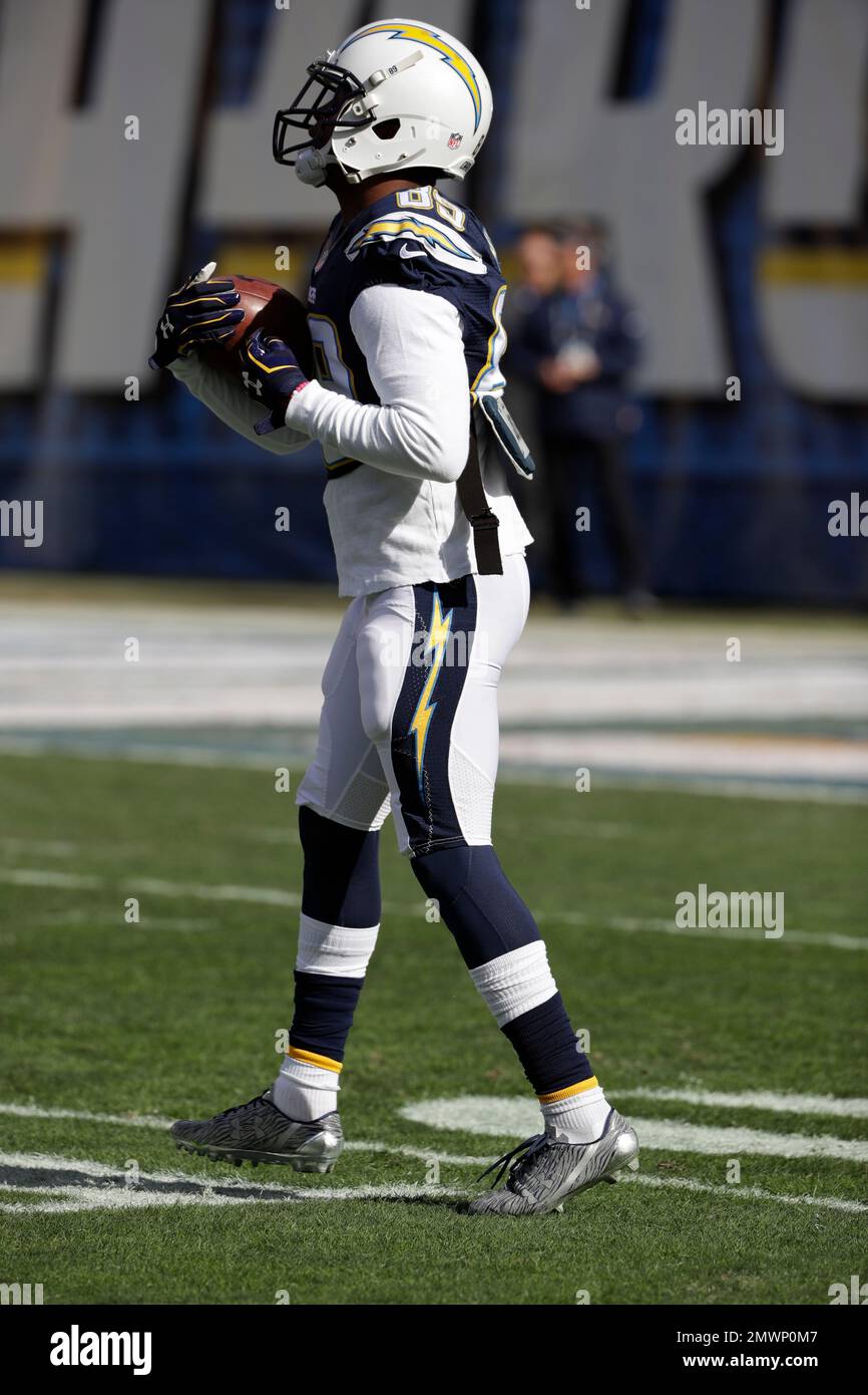 Cleats worn by San Diego Chargers wide receiver Isaiah Burse are seen ...