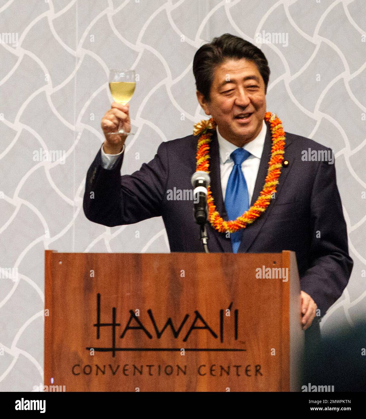 Japanese Prime Minister Shinzo Abe offers a toasts to guests at a ...