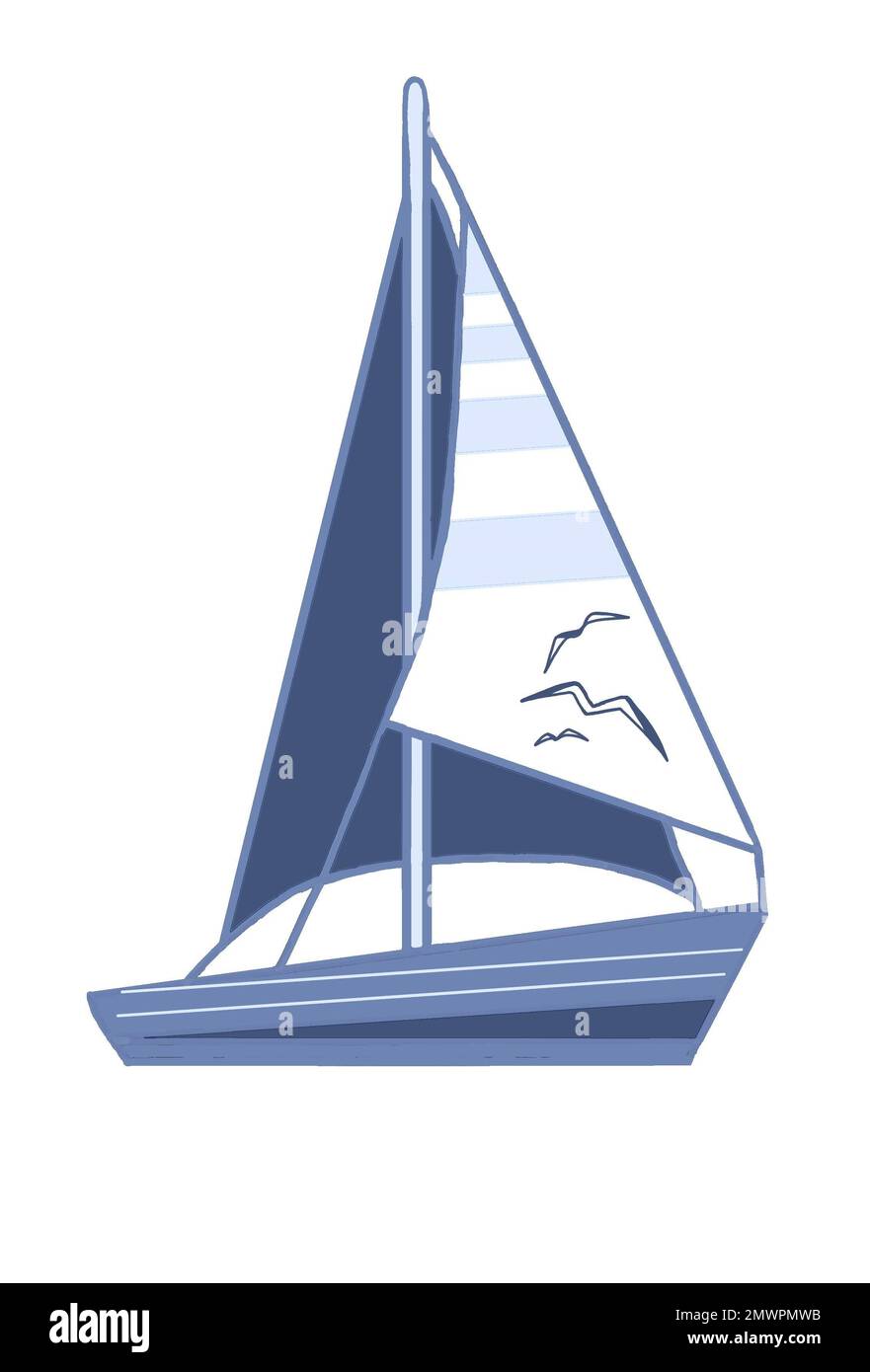 Illustration of a blue yacht with seagulls and stripes on a white sail ...