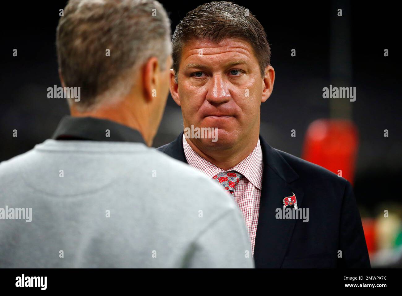 Tampa Bay Buccaneers general manager Jason Licht talks to head coach ...