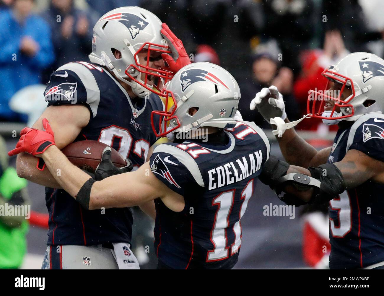 New England Patriots tight end Matt Lengel, left, celebrates his ...