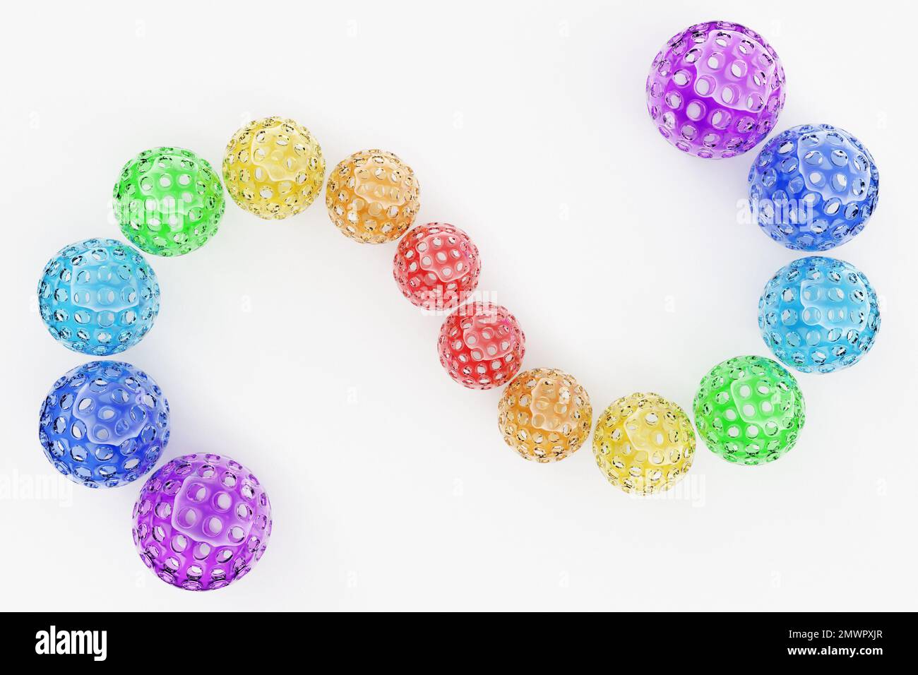3D rendering. Multi-colored balls with holes in the shape of a snake ...