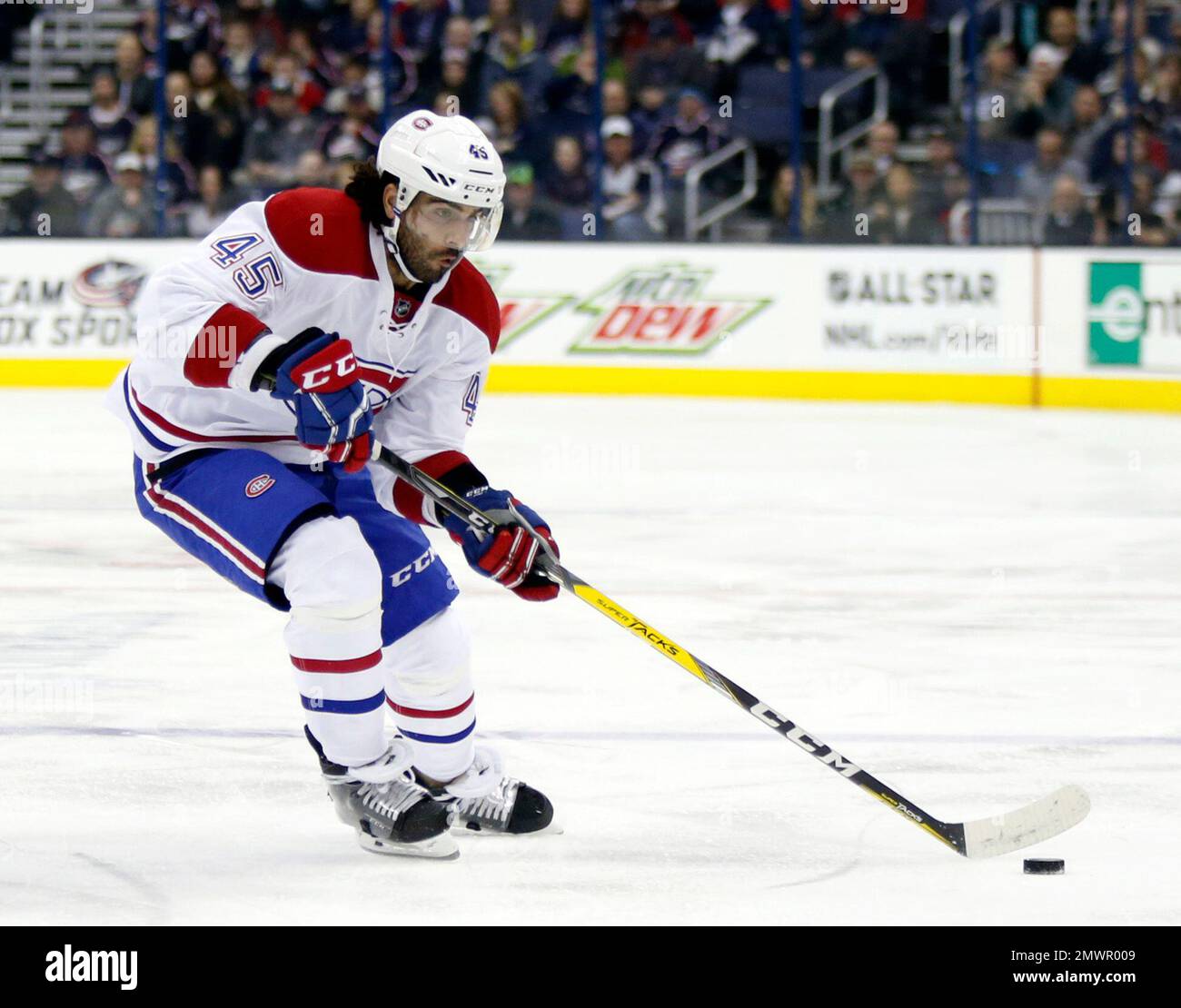 Montreal Canadiens defenseman Mark Barberio works against the Columbus ...